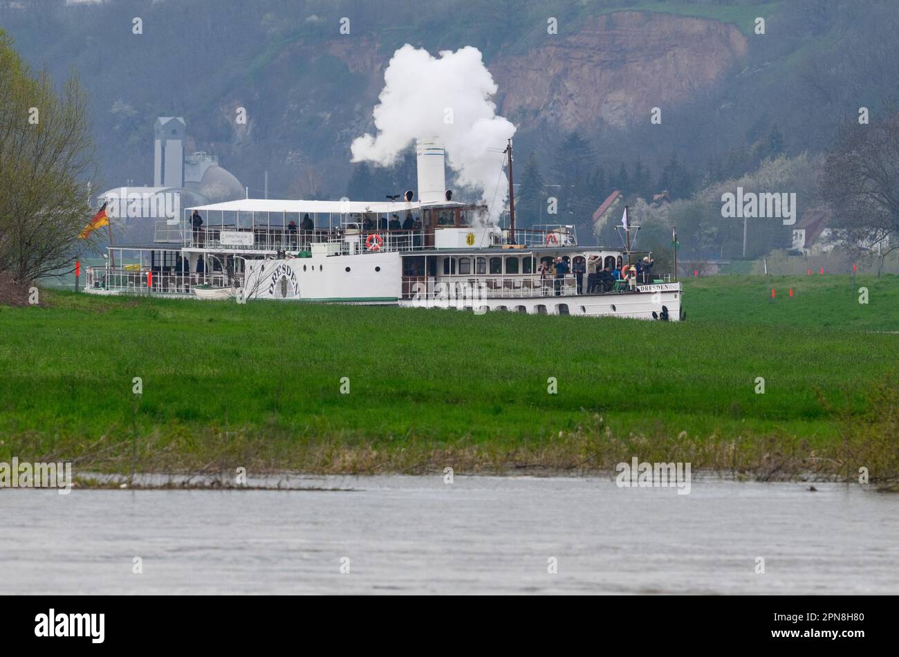 17 April 2023, Saxony, Meißen: The historic paddle steamer "Dresden" of ...