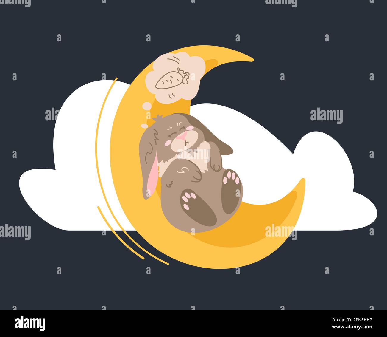Cute comic bunny sleeping on crescent moon cartoon illustration Stock ...