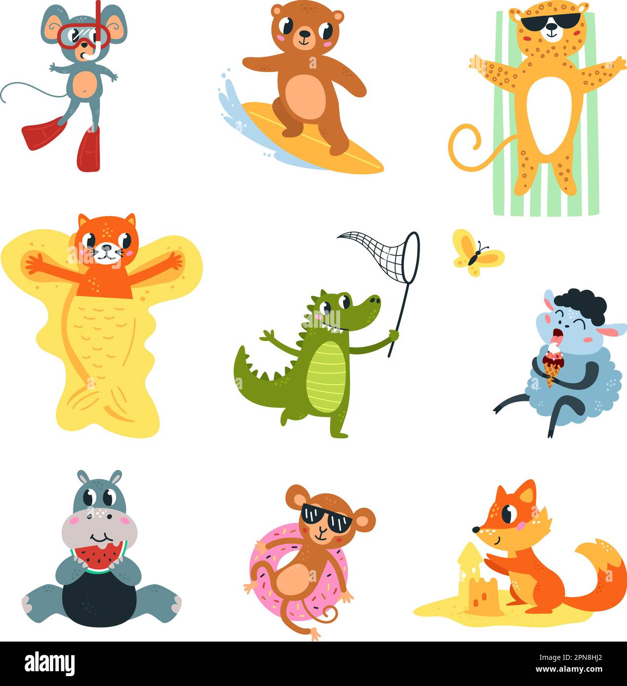 Cute summer resting animals. Beach animal vacation, surfins and sunbath ...