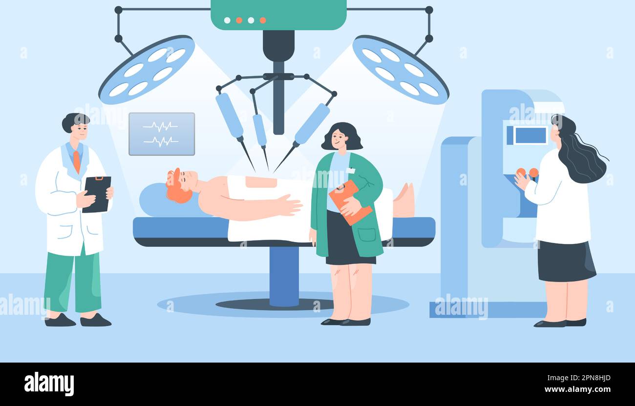 Robot conducting operation on human flat vector illustration Stock ...