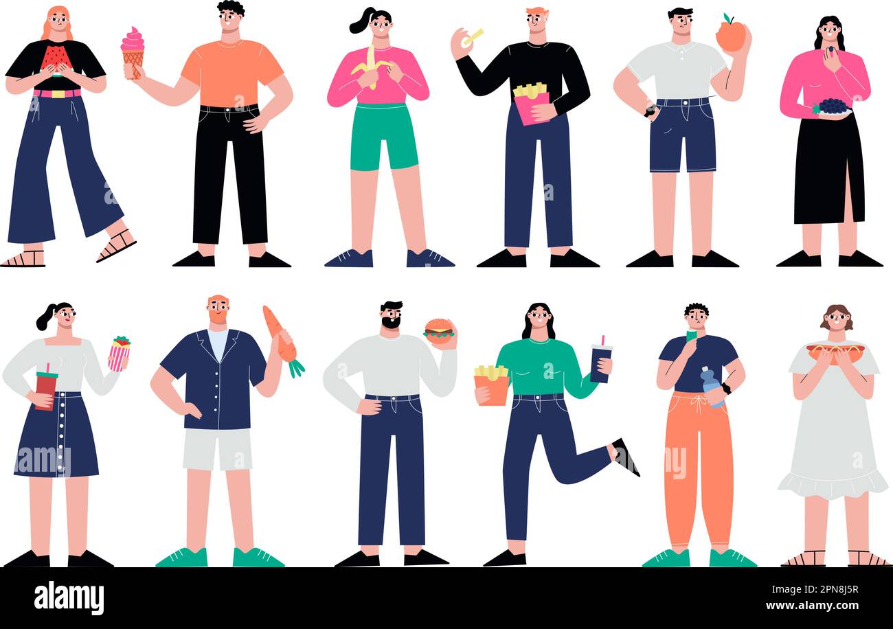 Young people eating diverse food. Breakfast and snack, potato sticks ...