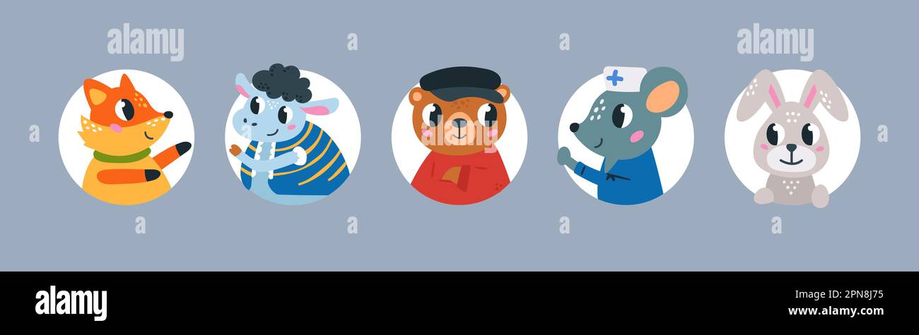 Forest and farm animals cartoon. Animal avatars, funny bear, bunny, fox ...