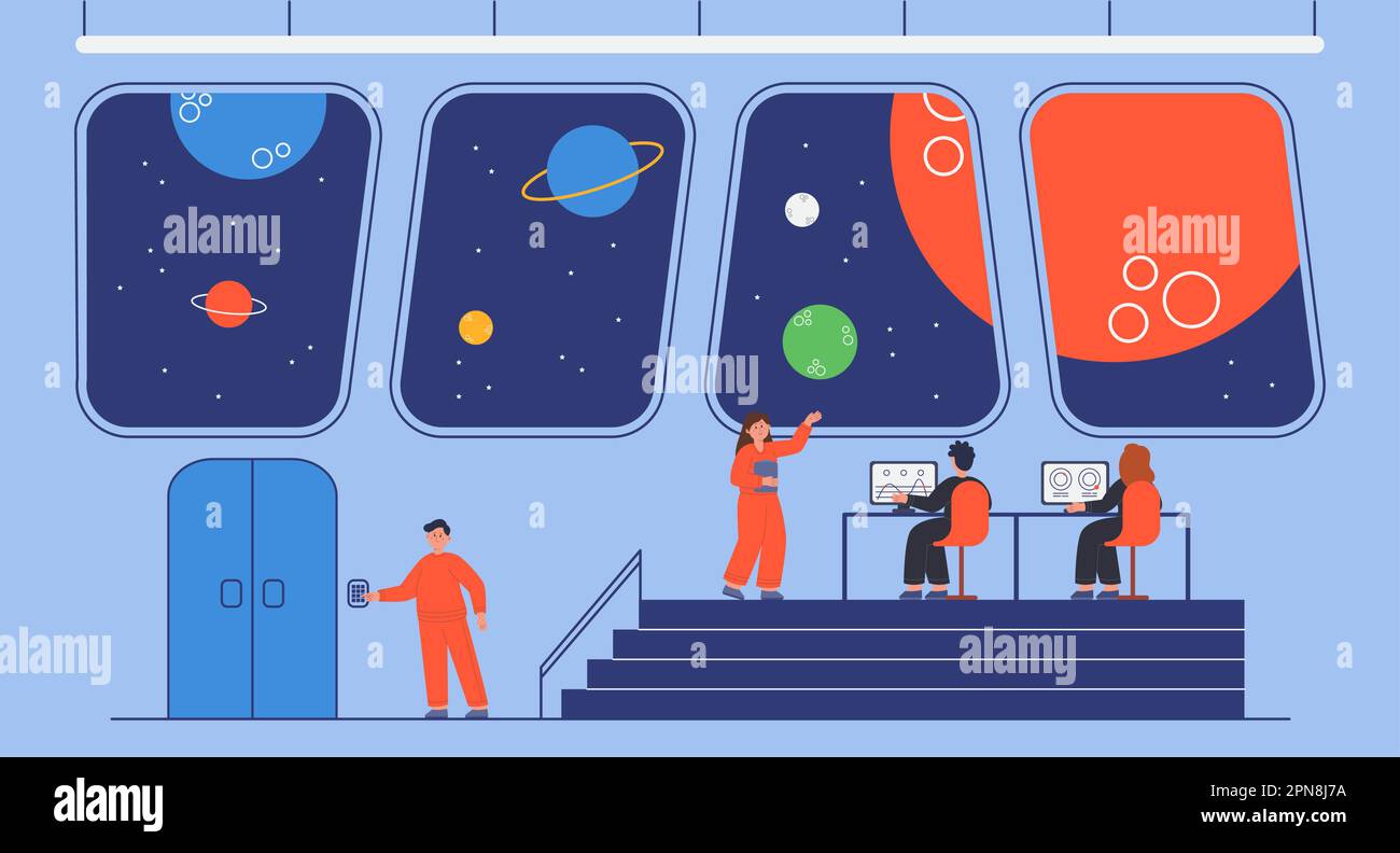 Spaceship bridge interior with captain and crew members Stock Vector ...