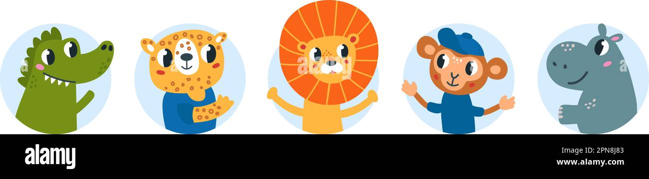 Wild cartoon african animals avatars. Exotic animal, lion, monkey ...
