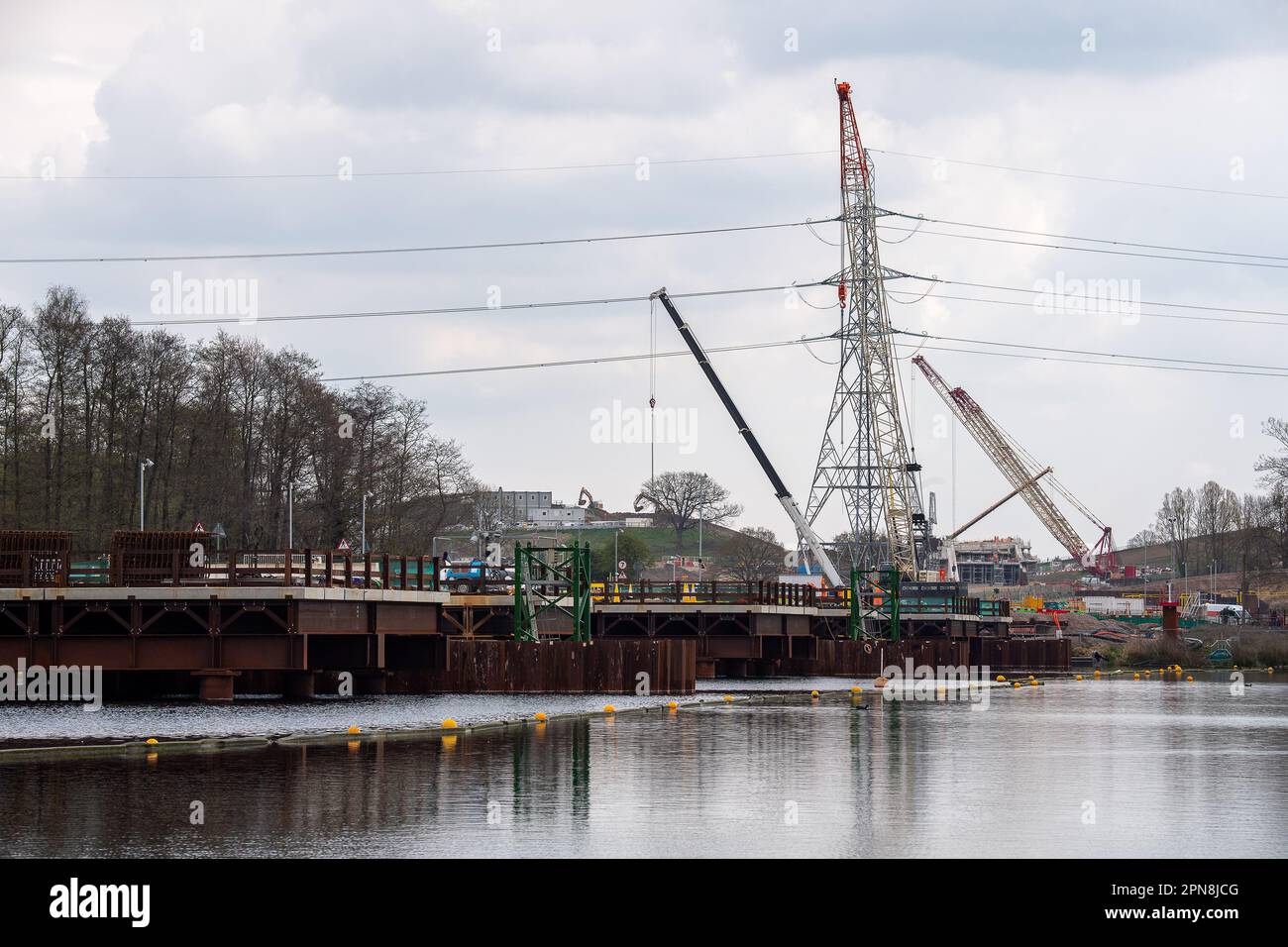 Harefield, UK. 17th April, 2023. HS2 jetty building across Harefield Lake. Work is continuing by ...