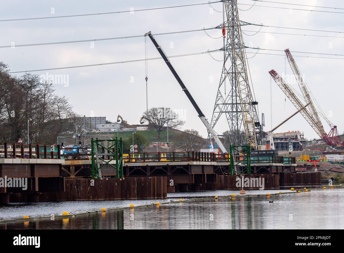 Harefield, UK. 17th April, 2023. HS2 jetty building across Harefield Lake. Work is continuing by ...