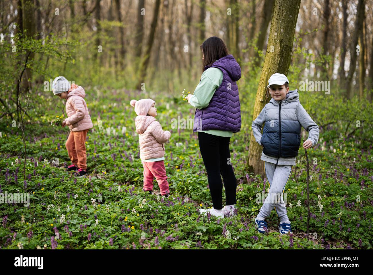 Back view of mother with three kids walking on forest trail. Outdoor spring leisure concept ...