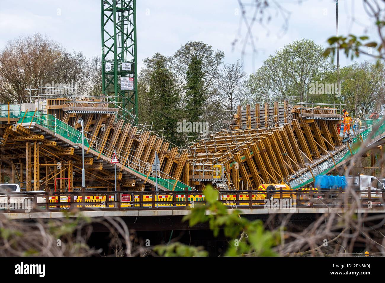 Harefield, UK. 17th April, 2023. HS2 works across Savay Lake in Harefield. Work is continuing by ...