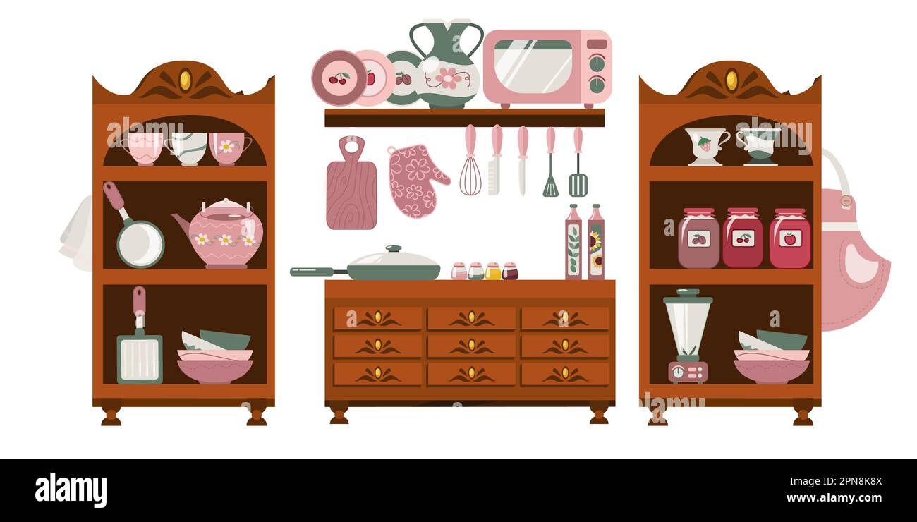 Kitchen and kitchen utensils in soft pink tones vector set Stock Vector ...