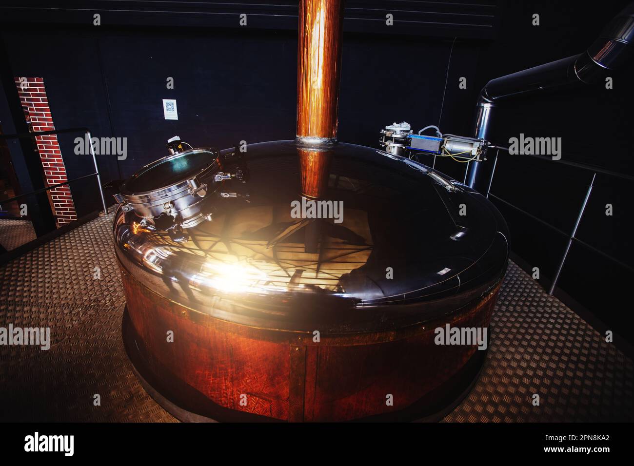 Craft beer production line. Steel tank for mash fermentation in modern ...
