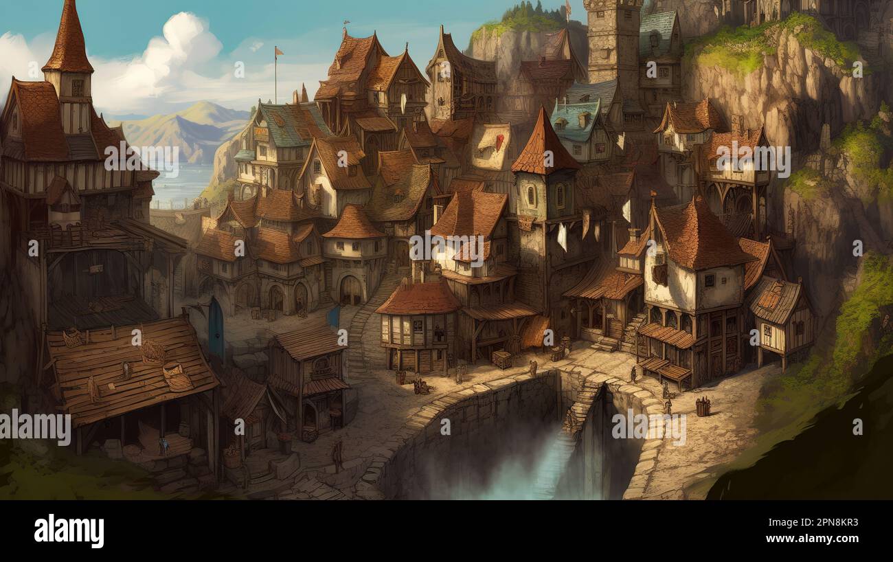 An illustration of a small medieval fantasy village. Medieval Fantasy ...