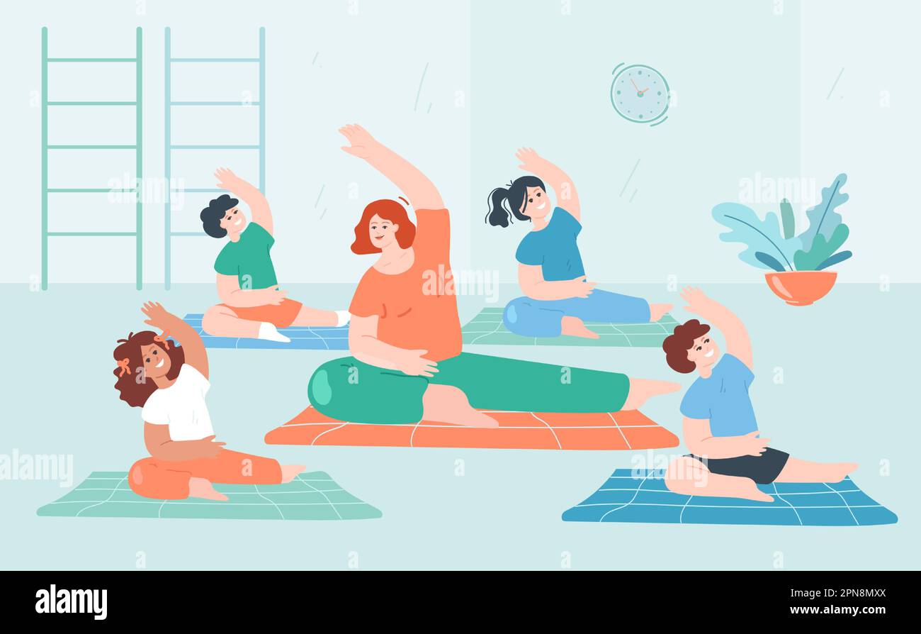Cartoon instructor and group of children doing yoga exercises Stock ...