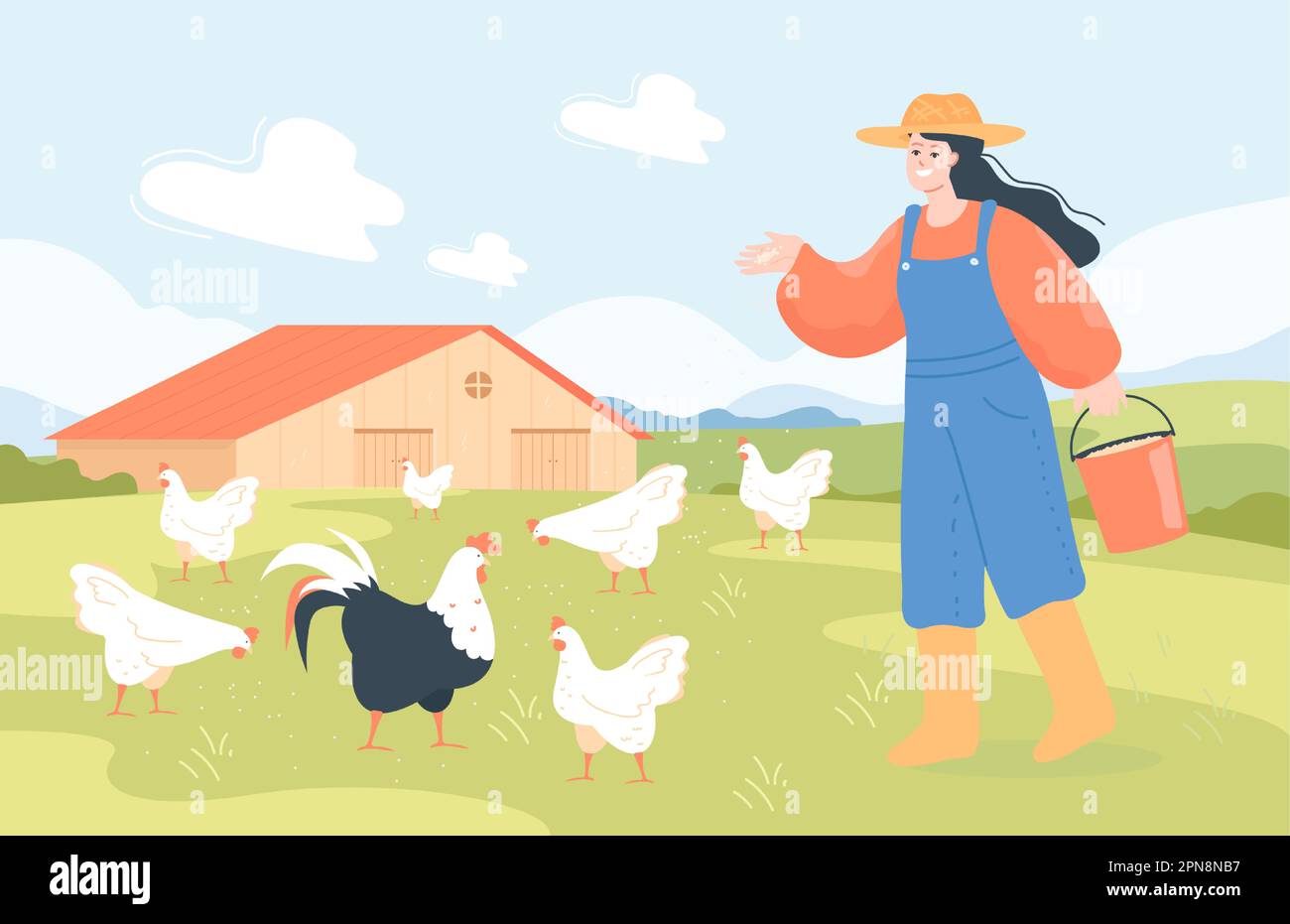 Happy female farmer feeding chickens Stock Vector Image & Art - Alamy