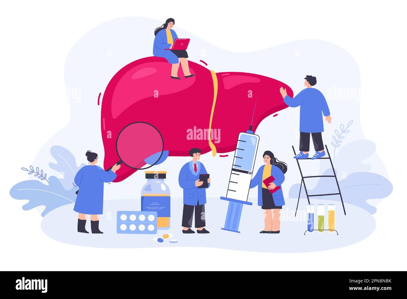 Tiny doctors analyzing huge human liver flat vector illustration Stock ...