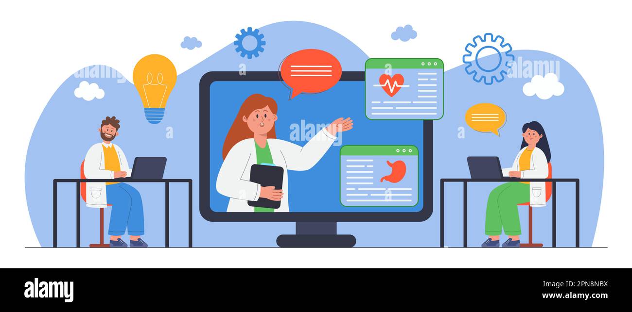 Doctors watching online medical webinar flat vector illustration Stock ...