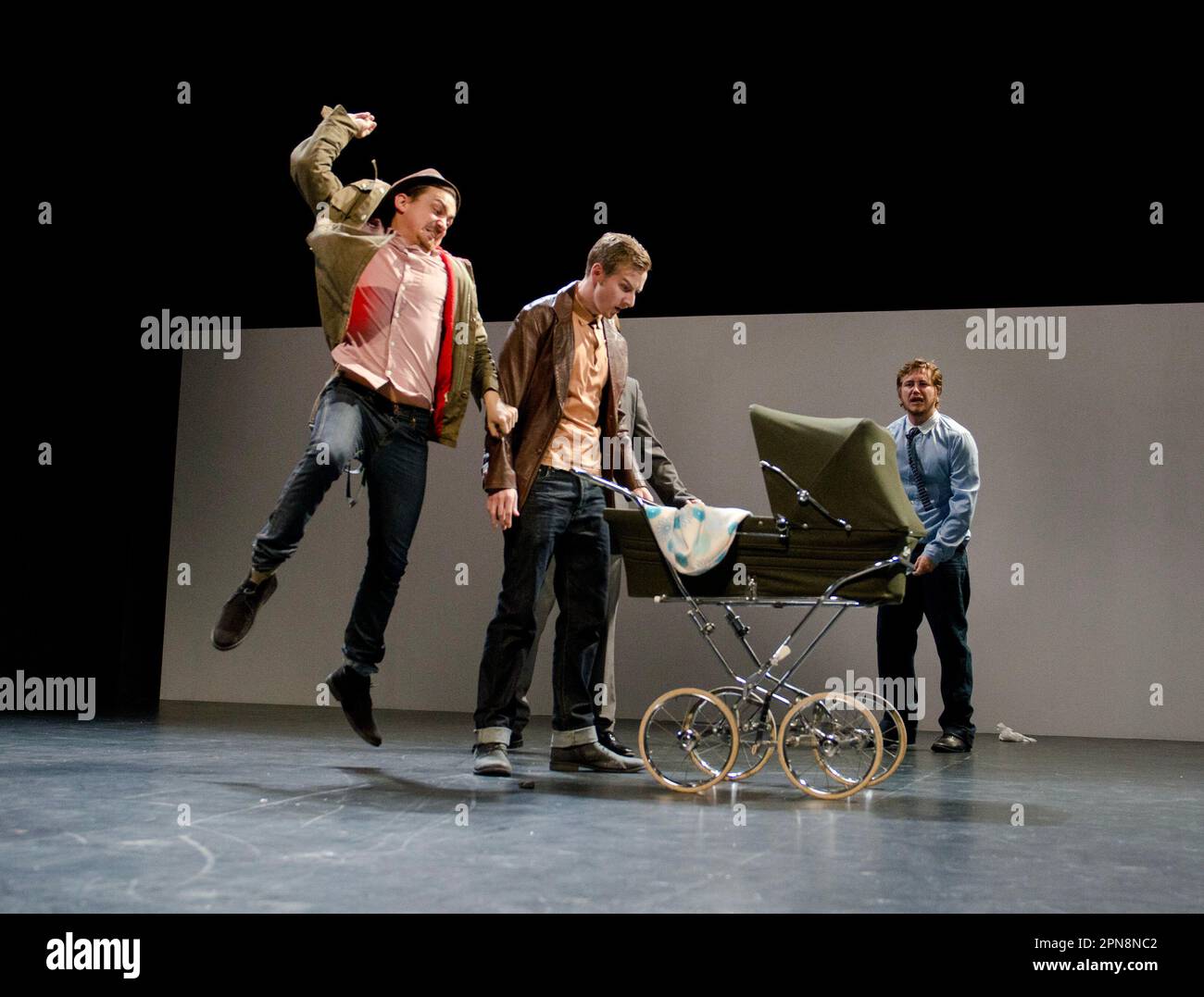 the baby stoning scene - l-r: Joel Gillman (Mike), Calum Callaghan ...