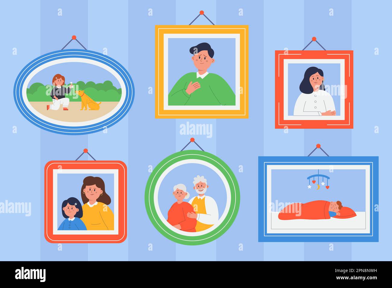Family photos in frames hanging on wall flat vector illustration Stock ...