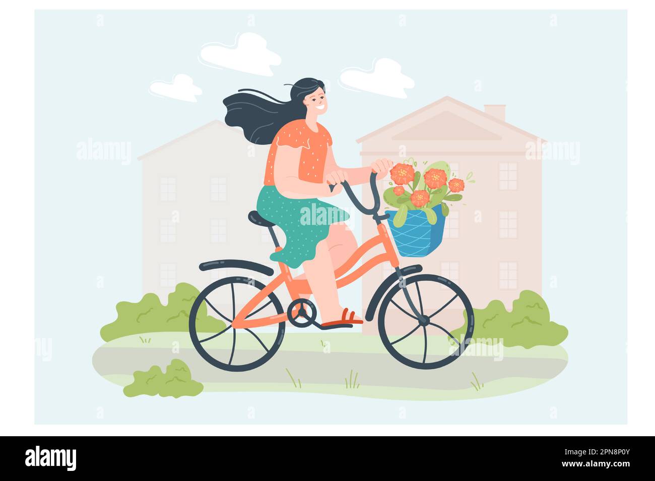 Happy cute girl riding bicycle with bouquet of flowers in basket Stock ...