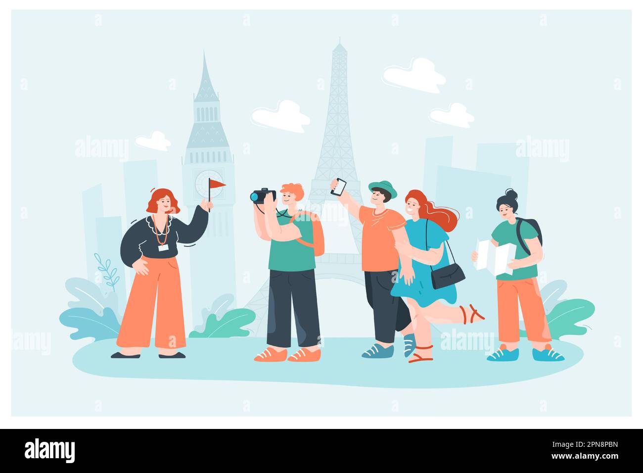 Group of tourists sightseeing and female tour guide holding flag Stock ...