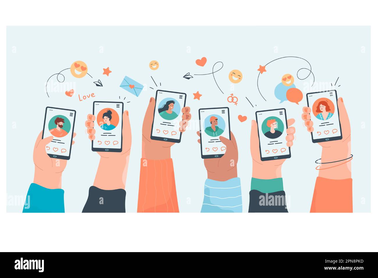 Hands of millennials holding phones with social media profiles Stock ...