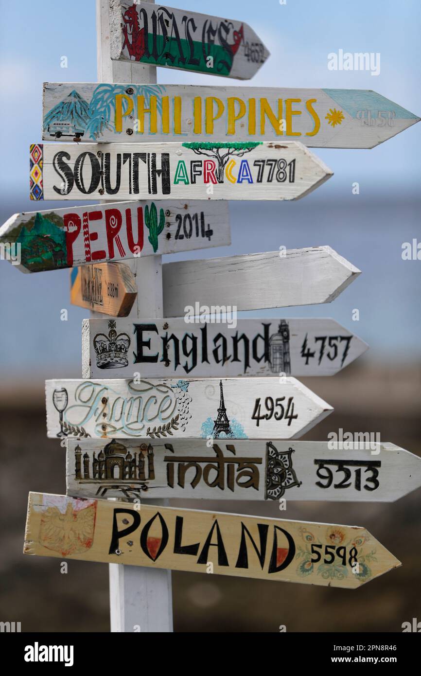 Country distance sign, showing the direction and distance to countries ...