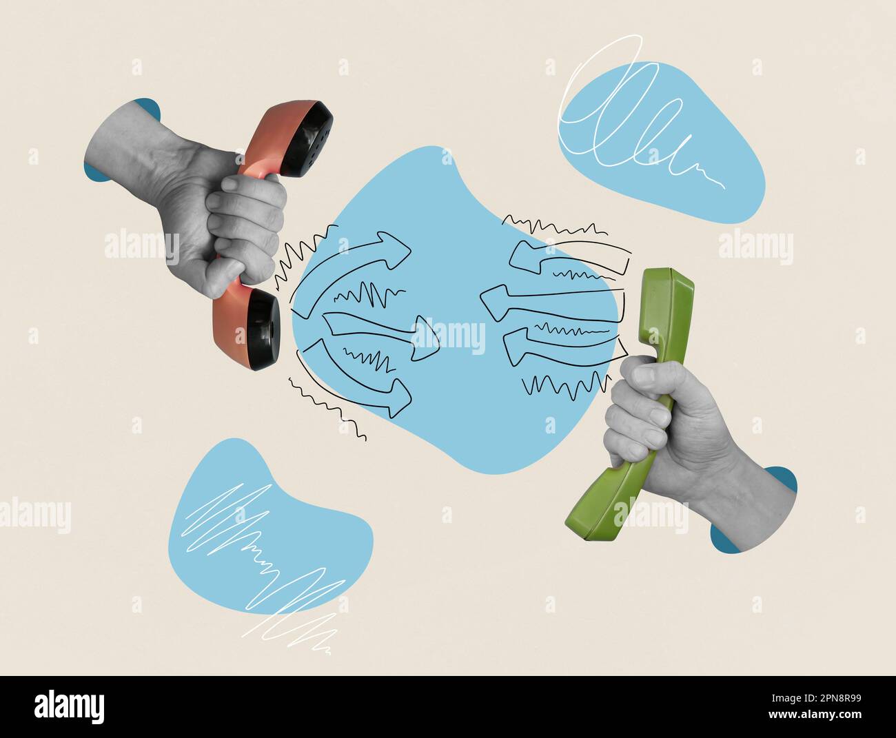 Collage with two hands holding phones as a symbol of communication and ...