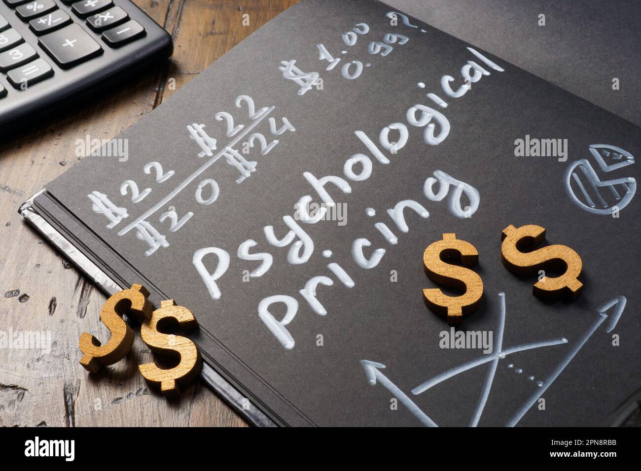 Handwritten sign psychological pricing and page with marketing charts ...