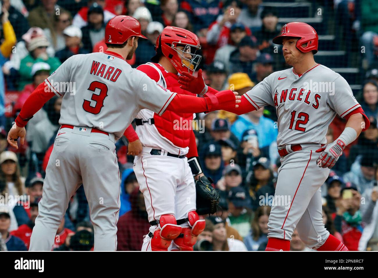 Los Angeles Angels' Hunter Renfroe (12) celebrates his three-run home ...