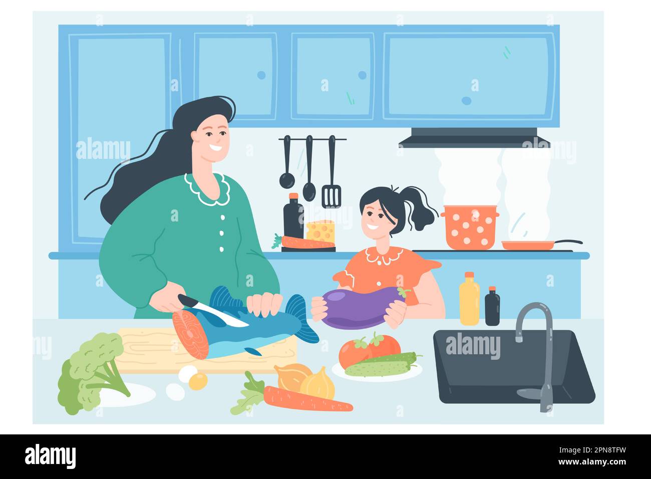 Mom and little daughter making healthy dinner together Stock Vector ...