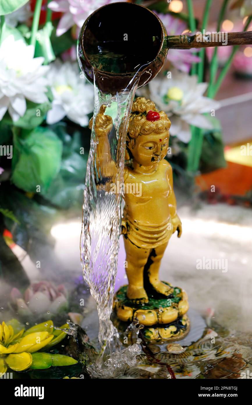 Vesak celebration. Birthday of Shakyamuni Buddha. Bathing infant Buddha ...