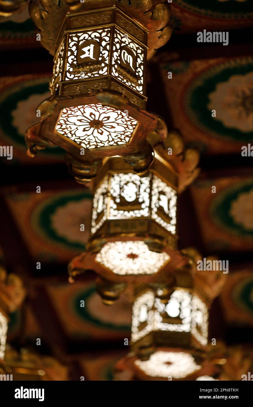 Buddha Tooth Relic Temple. Golden lanterns lining the ceiling ...