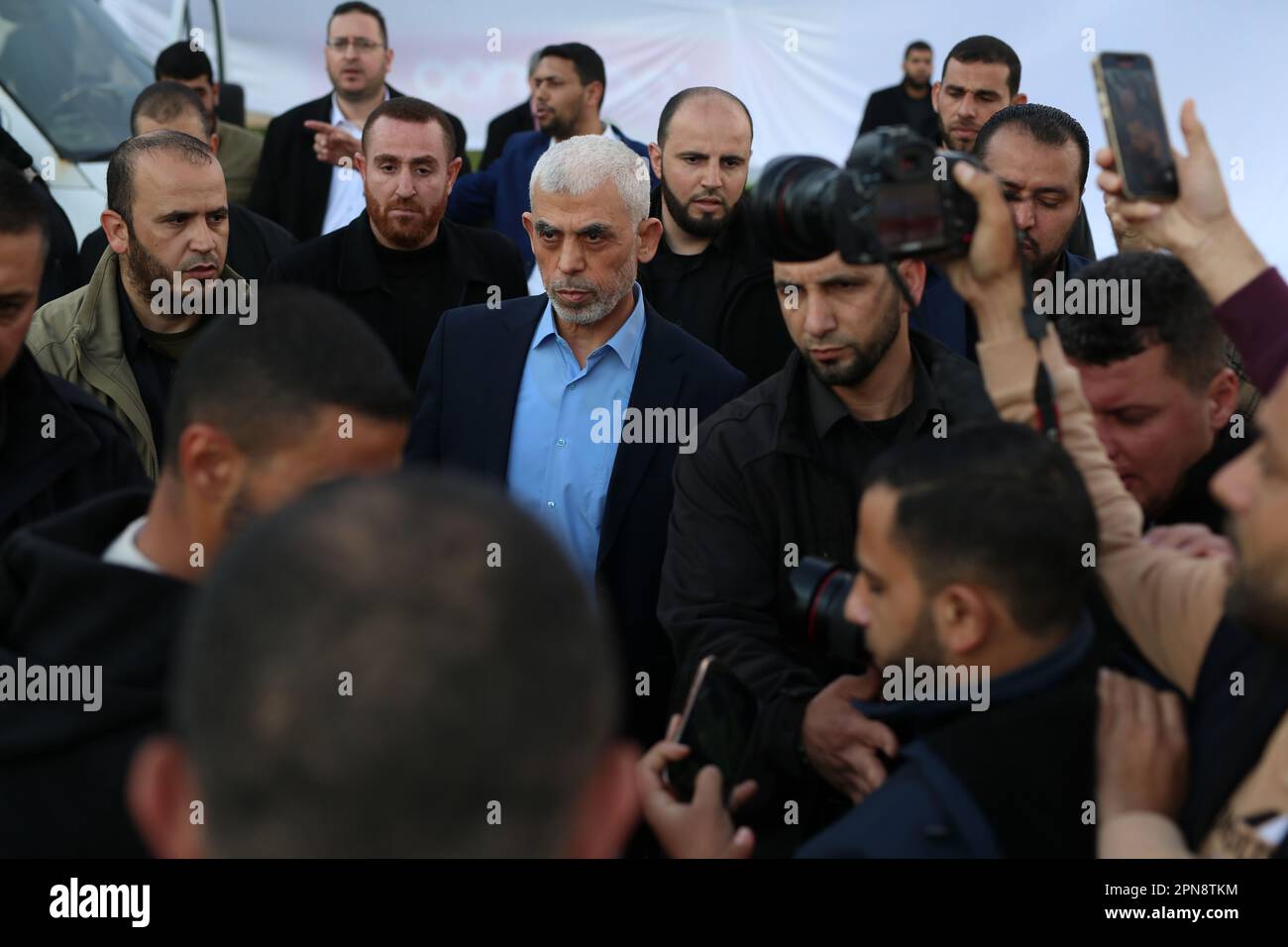 Yahia al-Sinwar (R), Gaza Strip chief of the Palestinian Islamist Hamas ...