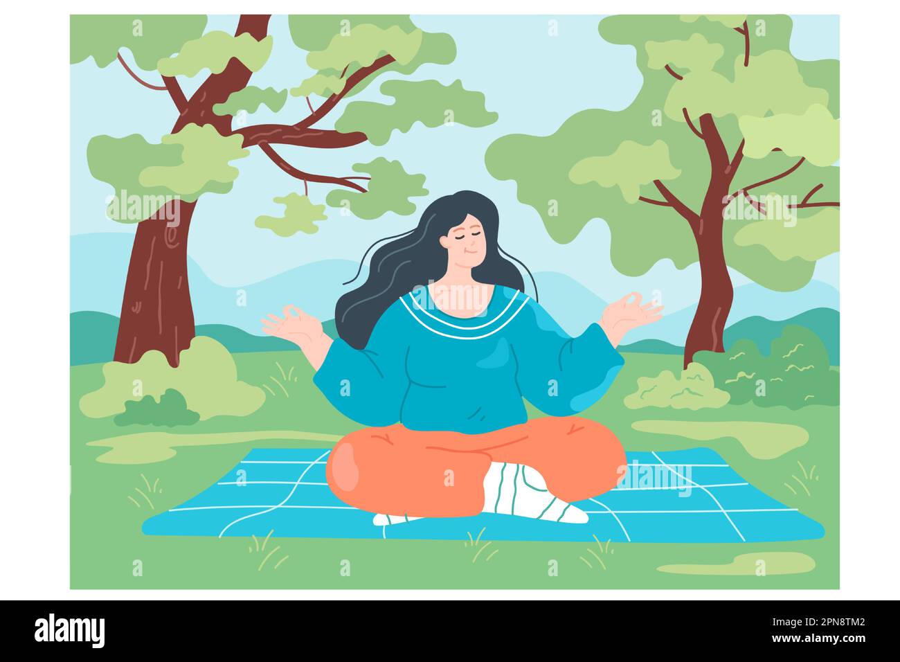 Cartoon woman forest bathing under trees Stock Vector Image & Art - Alamy