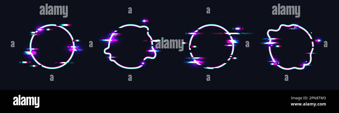 Glitch circle frames. Neon circles tv pixel distortion effects ...
