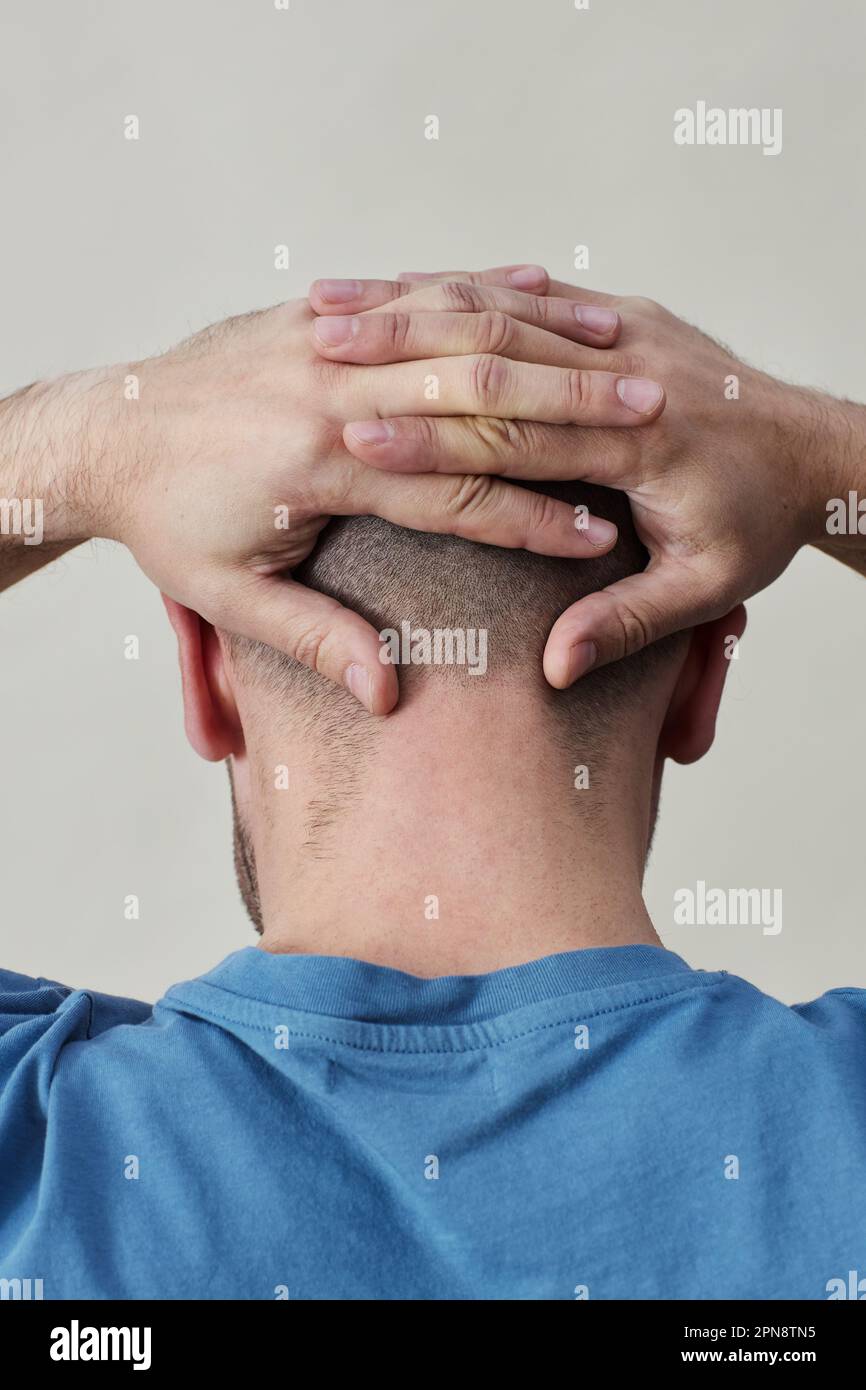 Minimal back view at man with bald head against white background Stock ...