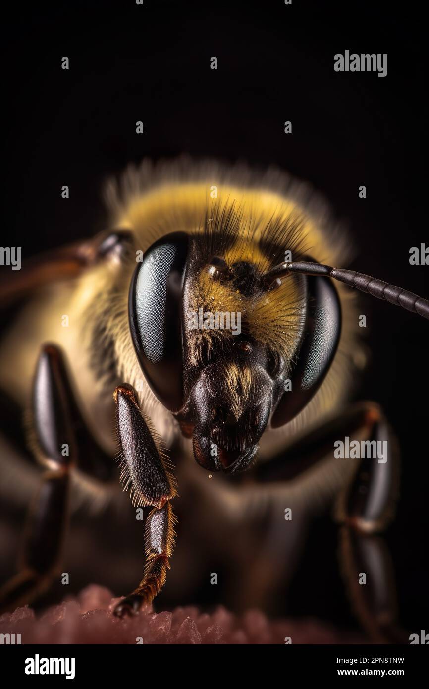 A honey bee is seen perched atop a yellow flower, its head turned to ...