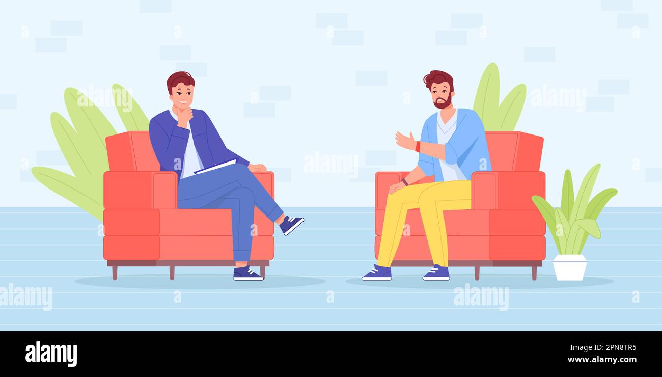 Tv interview with celebrity. Interviewee famous guest sitting on sofa ...