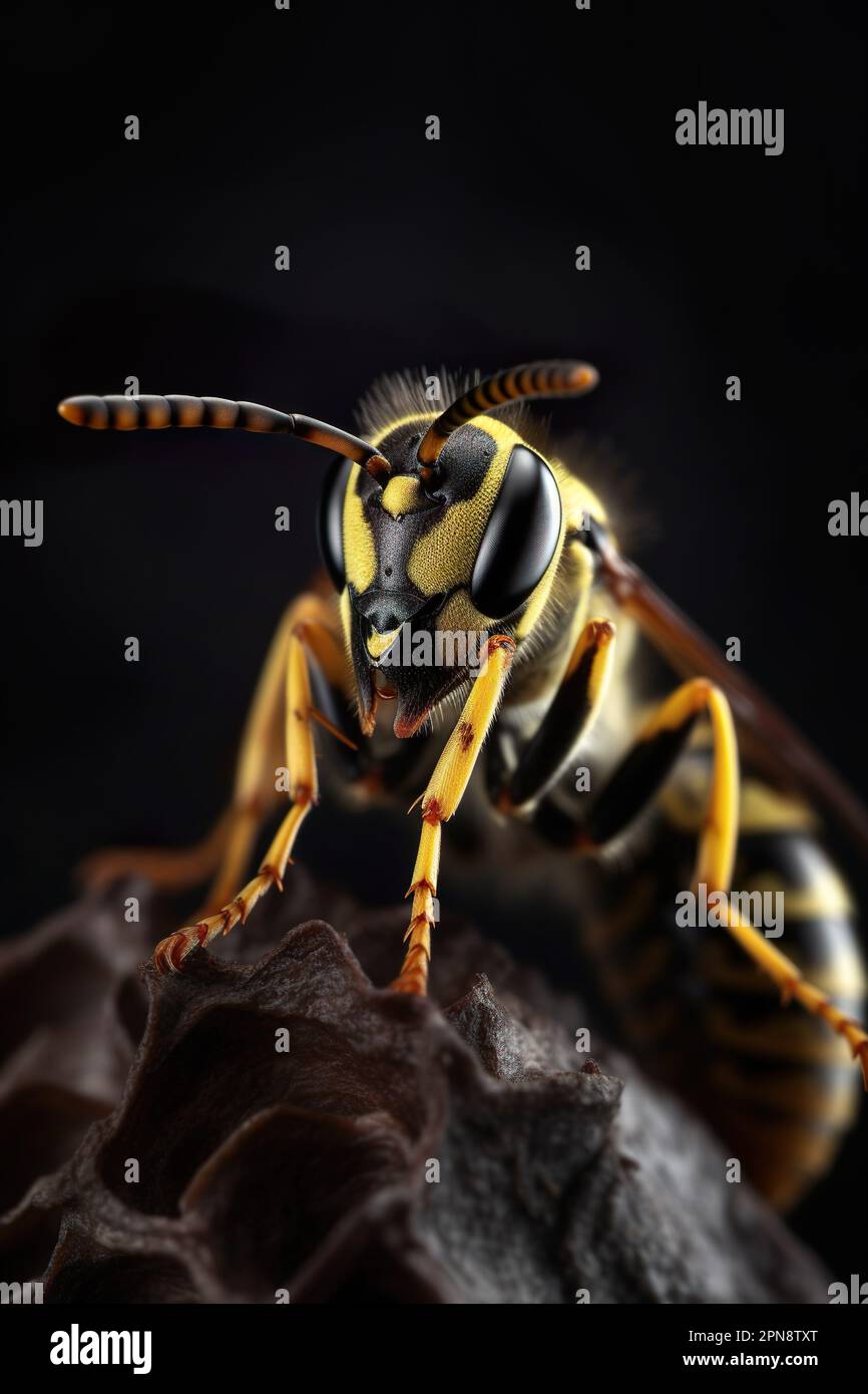 A close-up view of a wasp, its wings and body clearly visible, with a ...