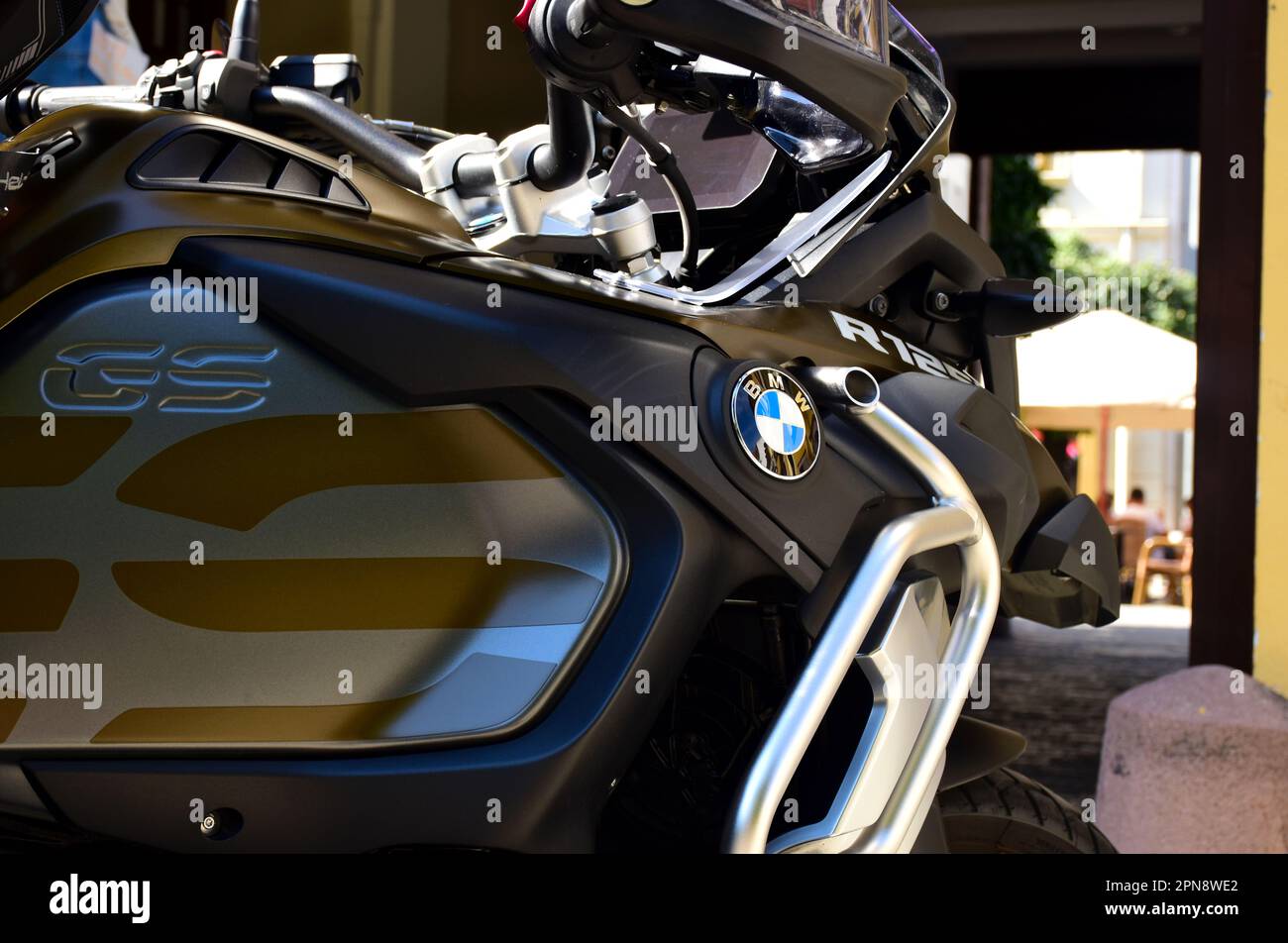 BMW R 1250 GS motorcycle closeup view with blue and white circular logo ...
