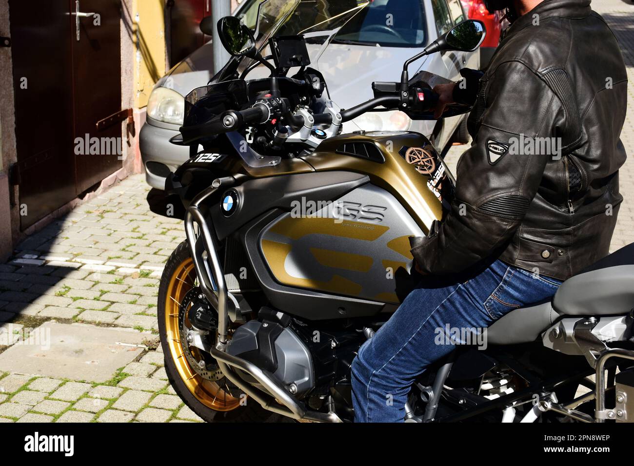 BMW R 1250 GS motorcycle closeup. blue and white logo and badge ...