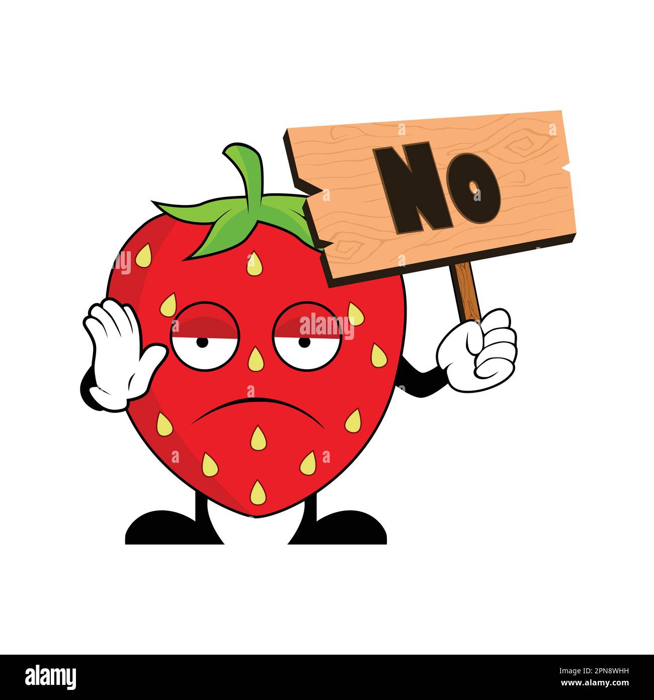 Strawberry character cartoon holding up a wood sign with word NO ...