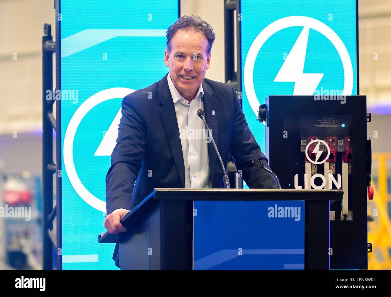 Mirabel, Canada. 17th Apr, 2023. Lion Electric Founder and CEO Marc ...