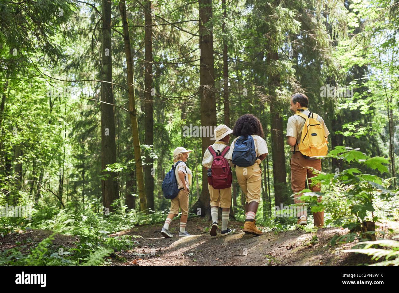 Wide angle back view at diverse group of scouts hiking in forest with ...