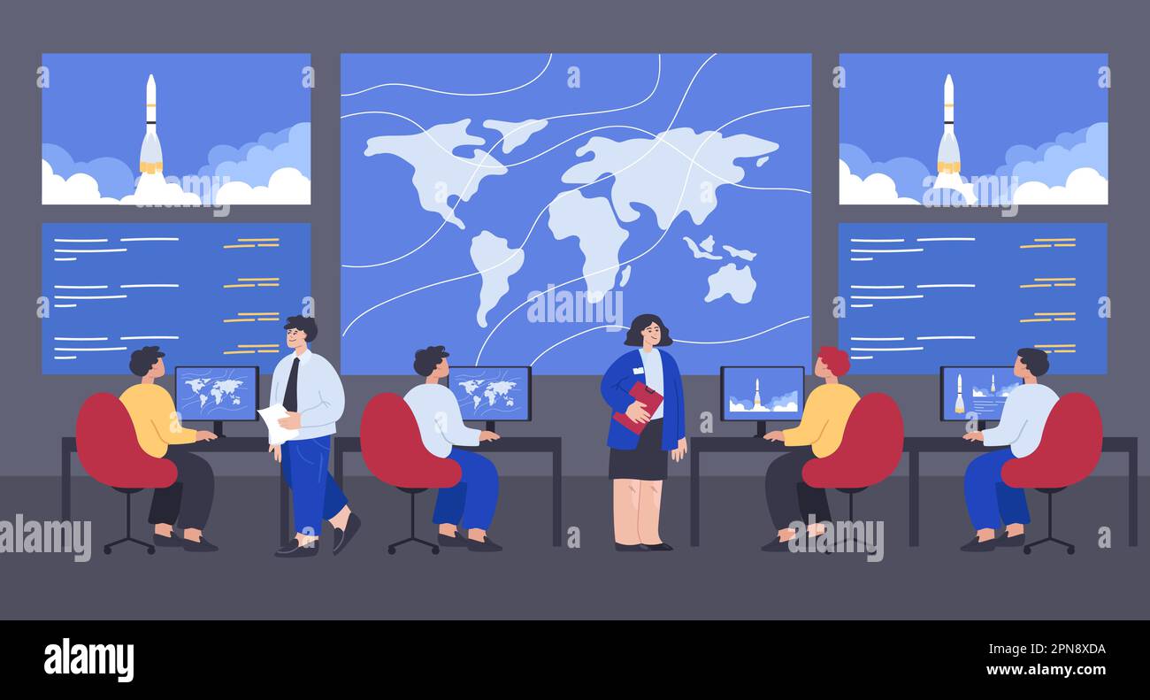 People monitoring rocket launch at command center Stock Vector Image ...