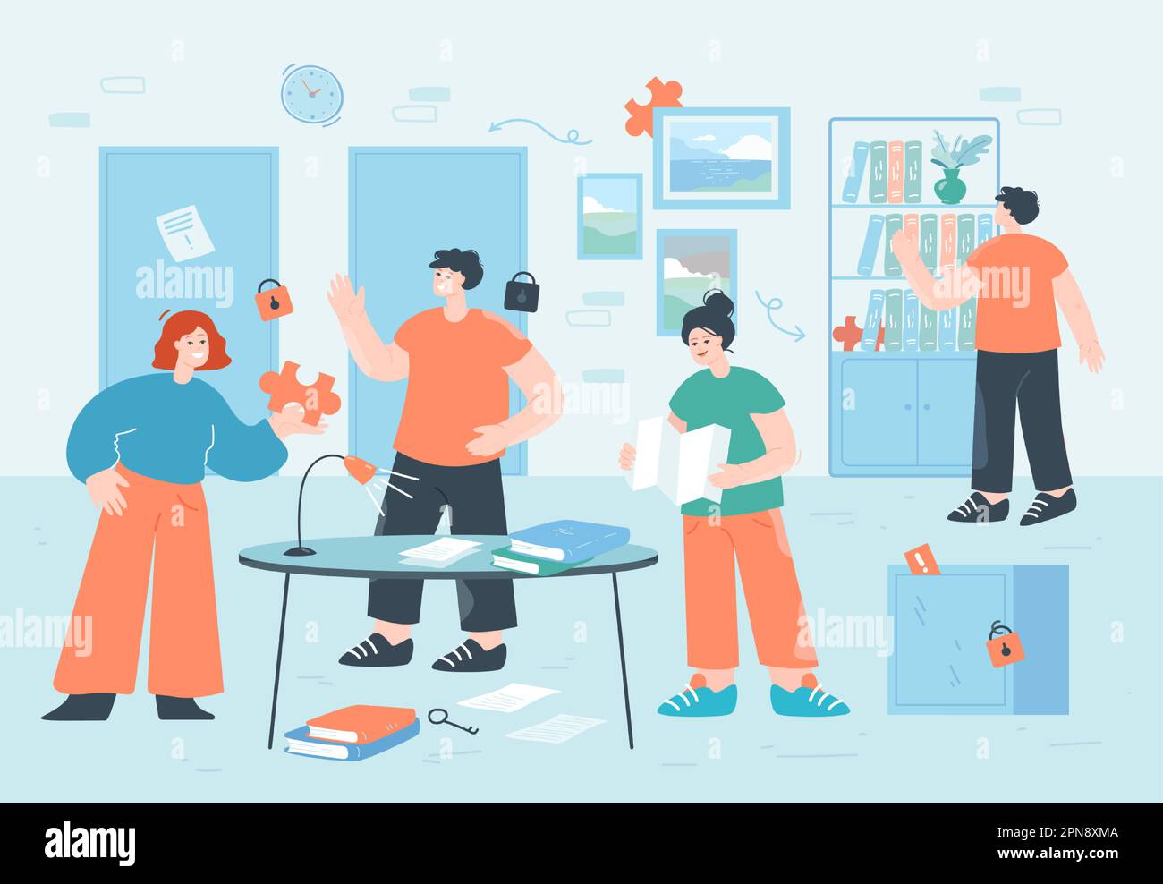 Young friends in quest escape room flat vector illustration Stock ...