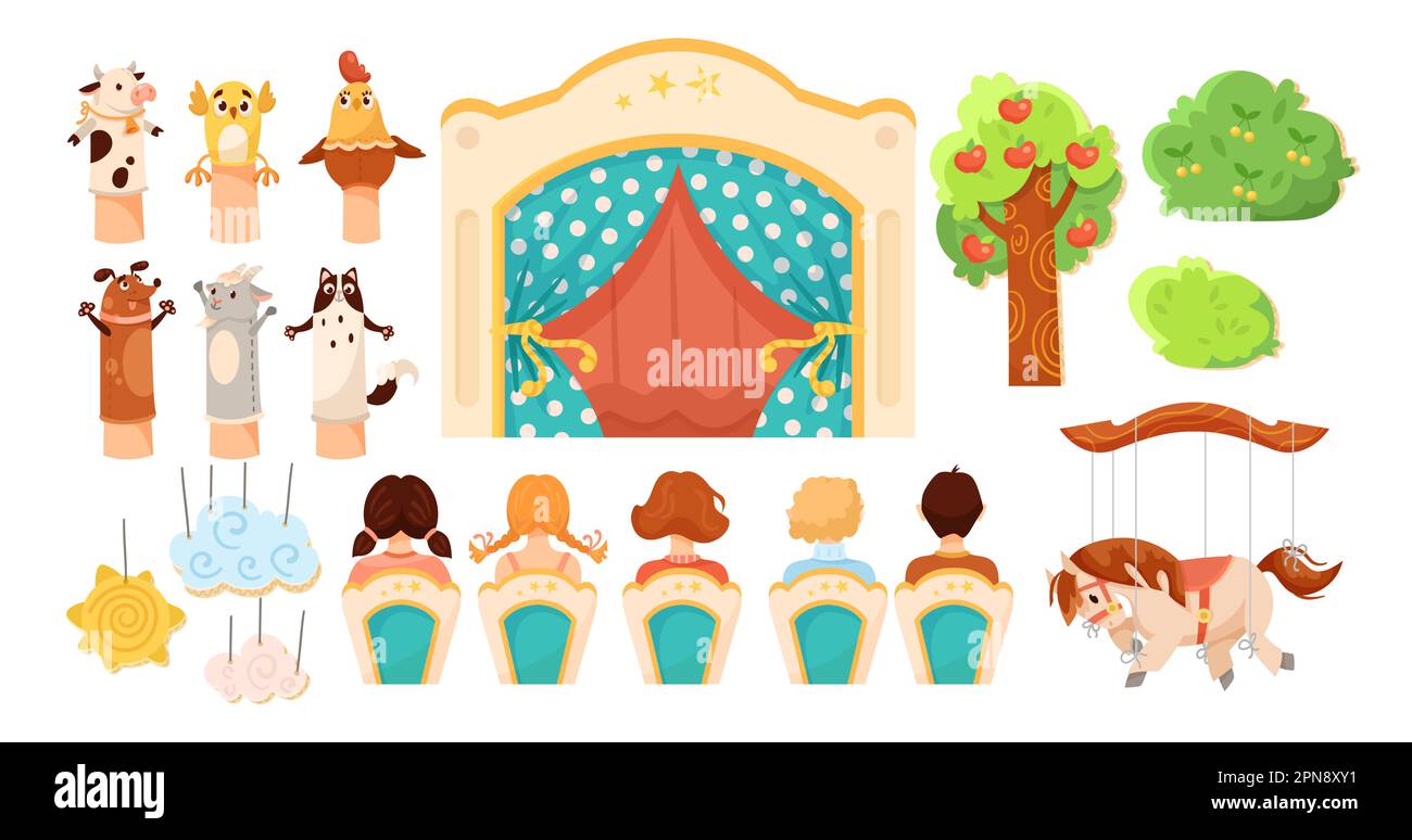 Puppet theater elements and kids vector illustrations set Stock Vector ...