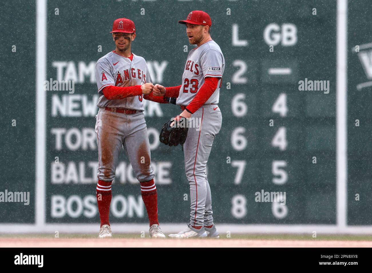 Los Angeles Angels' Zach Neto (9) and Brandon Drury (23) fist bump in ... Los Angeles Angels' Zach Neto (9) and Brandon Drury (23) fist bump in ...
