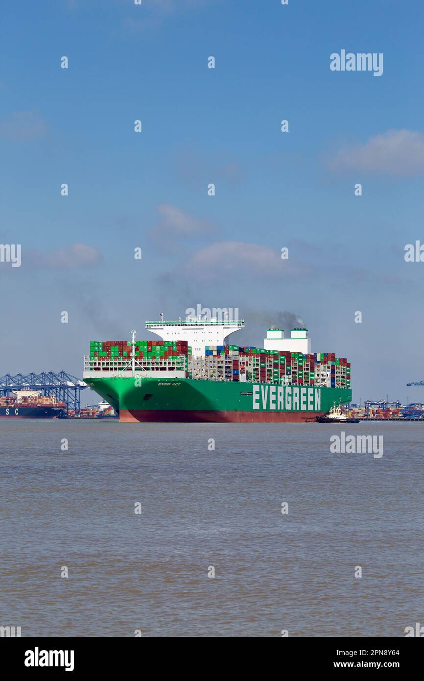 Container ship Ever Act preparing to leave the Port of Felixstowe ...