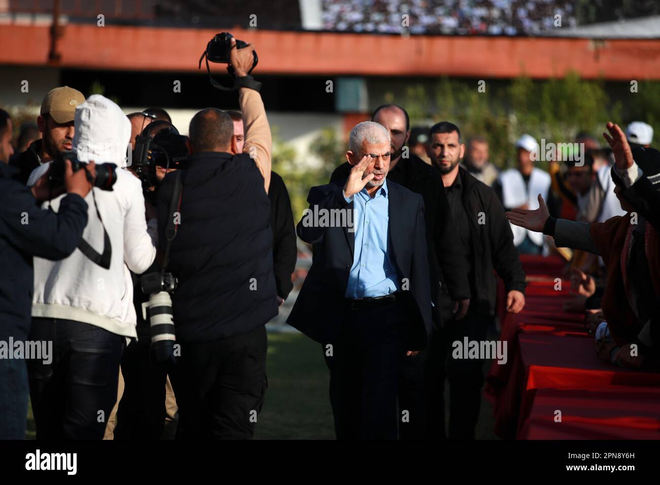 Yahia al-Sinwar (C), the Gaza Strip chief of the Palestinian Islamist ...