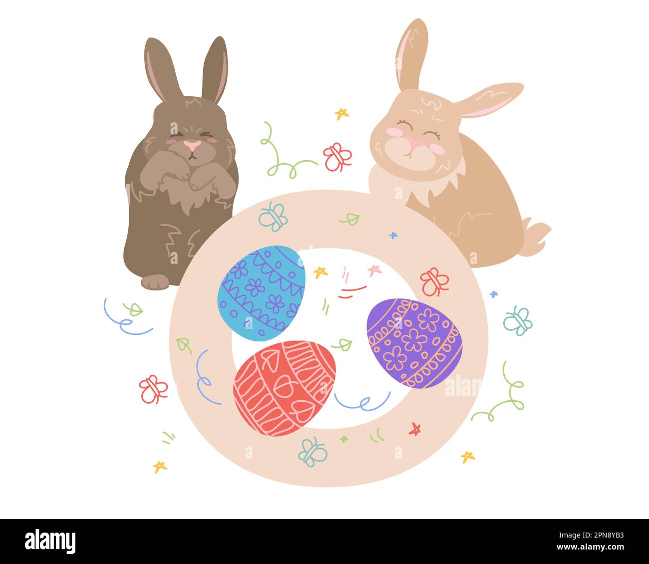 Cute comic bunnies and Easter eggs cartoon illustration Stock Vector ...